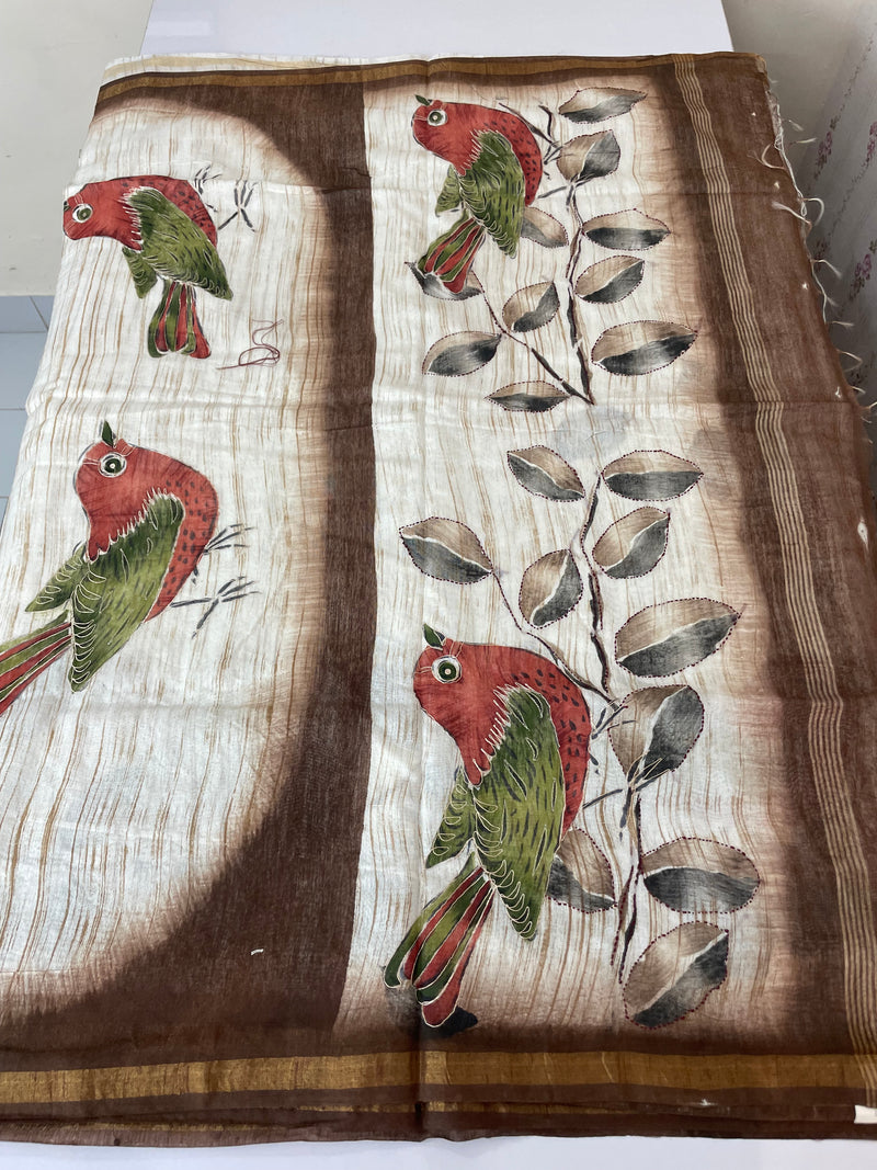 Semi tussar saree with hand painting, kanta embroidery and Pita work M ...