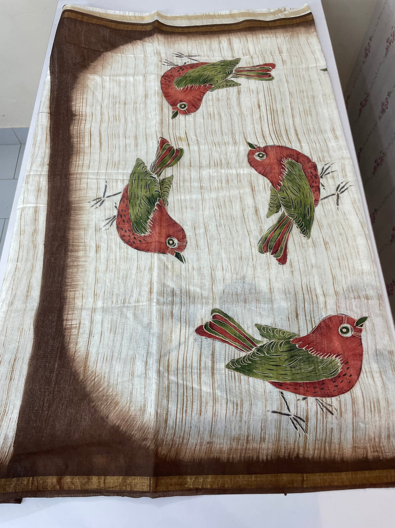 Semi tussar saree with hand painting, kanta embroidery and Pita work M ...